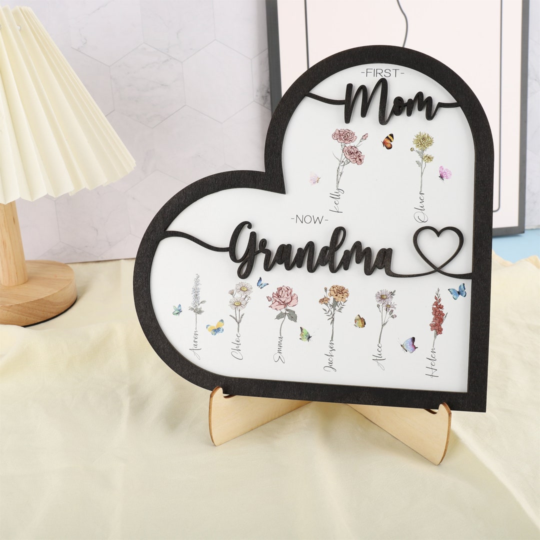 Custom First Mom Now Grandma Sign, Heart Birth Flower Wooden Sign ...