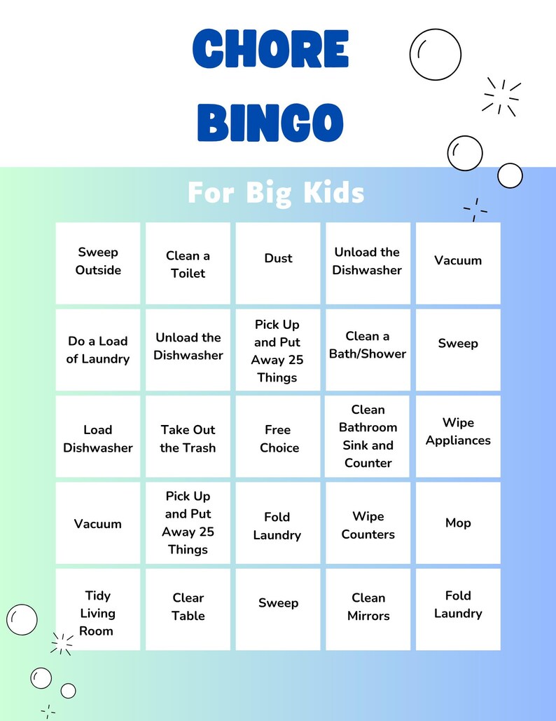 BINGO Chore Chart for Kids, Printable PDF Download - Fun Reward System ...