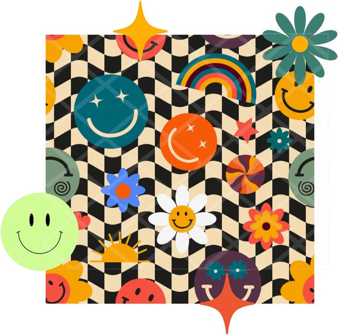Checkered Smiley Face Flowers Groovy 70s Hippie PNG JPEG - Etsy