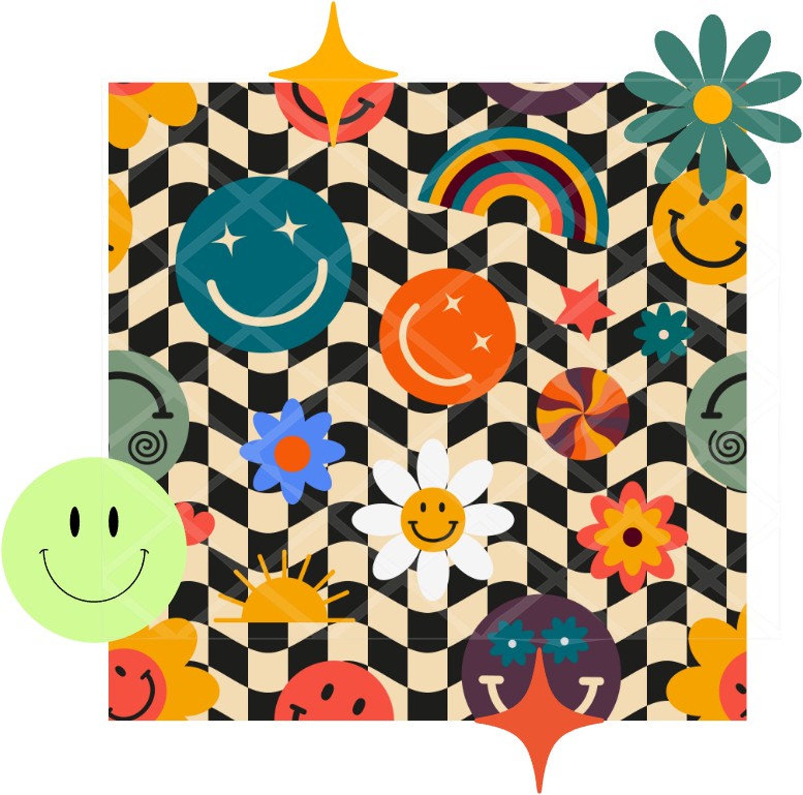 Checkered Smiley Face Flowers Groovy 70s Hippie PNG JPEG - Etsy
