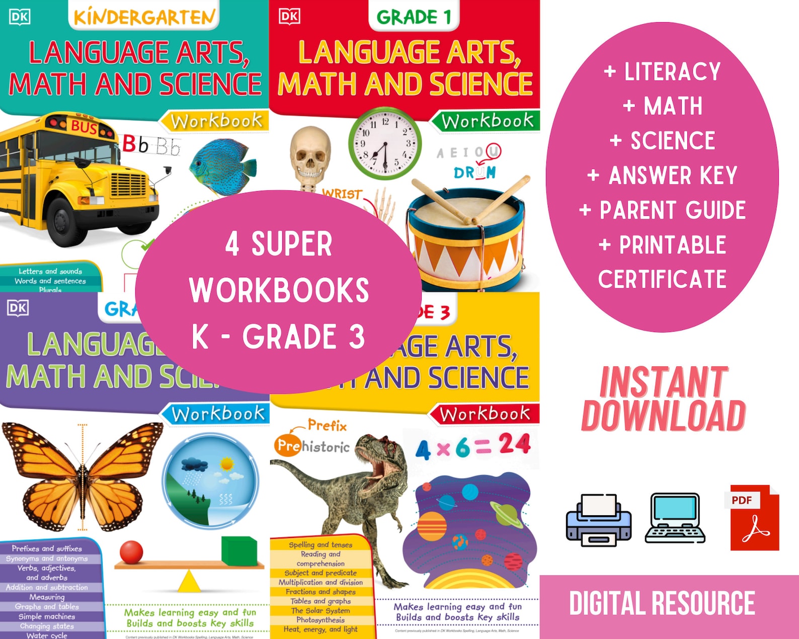 Literacy, Math & Science Bundle (K -grade 3), Math Printable Worksheets, Primary Literacy ...