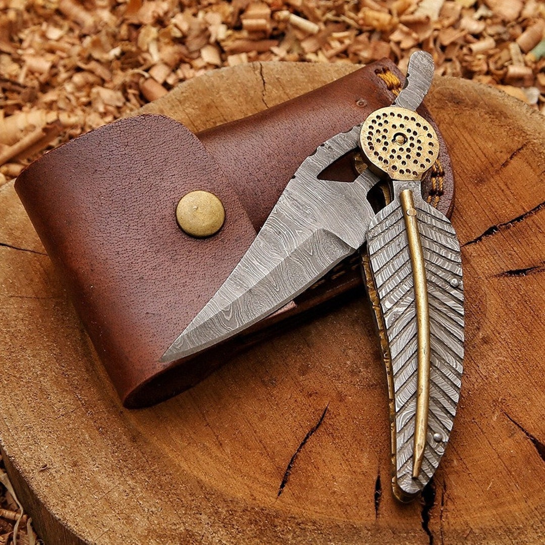 Damascus Leaf Pocket Knife With Sheath, Engraved, Pocket Knife, Folding ...
