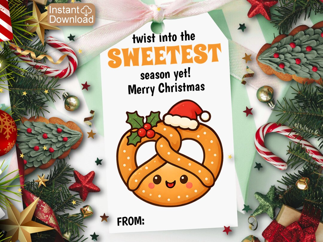 Pretzel Christmas Gift Tags, Printable Holiday Treat Tags (digital ...