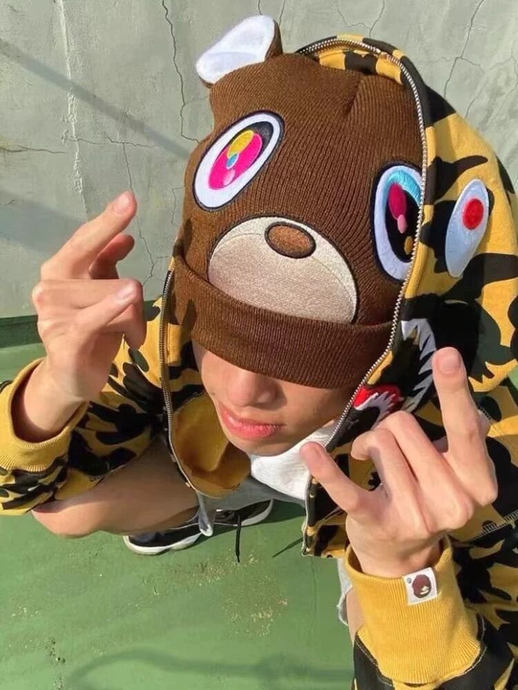 Cute Bear Hat Knit Graduation Wool Kanye West Beanie Warm Fashion Versatile Unisex Rap Hip Hop ...