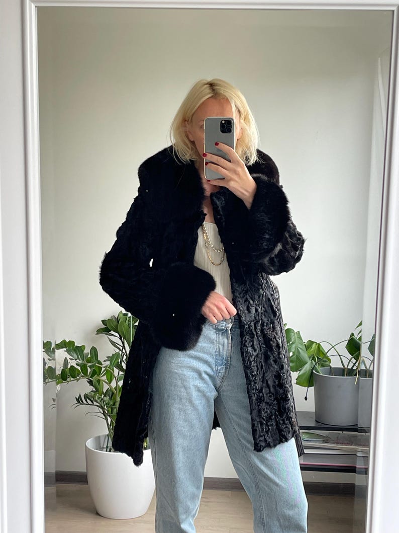 Vintage Karakul Lamb Fur Coat: Black Fox Collar, Handmade S-M - Etsy