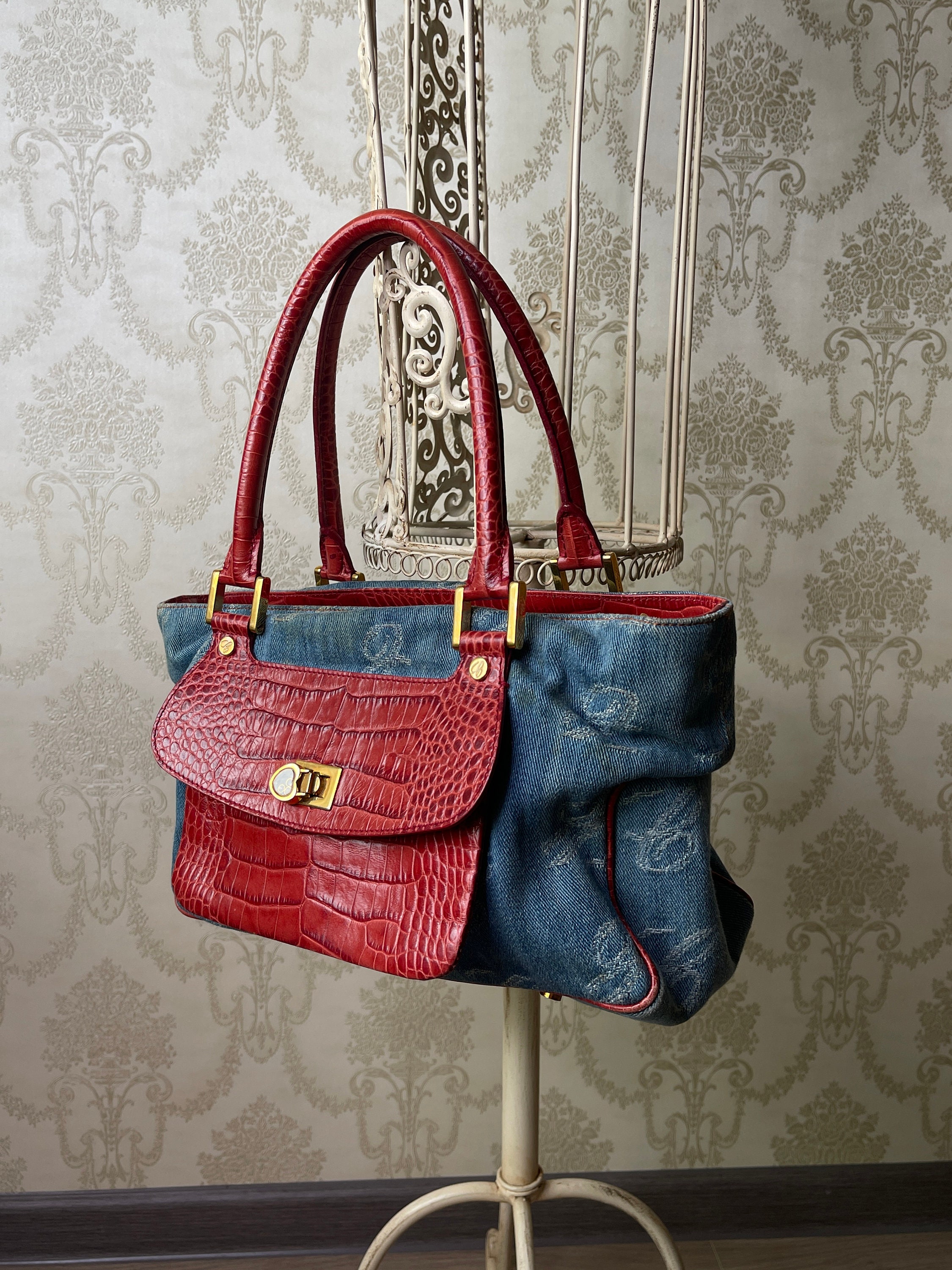 Chopard Denim and Red Croc Skin Vintage Handbag - Etsy