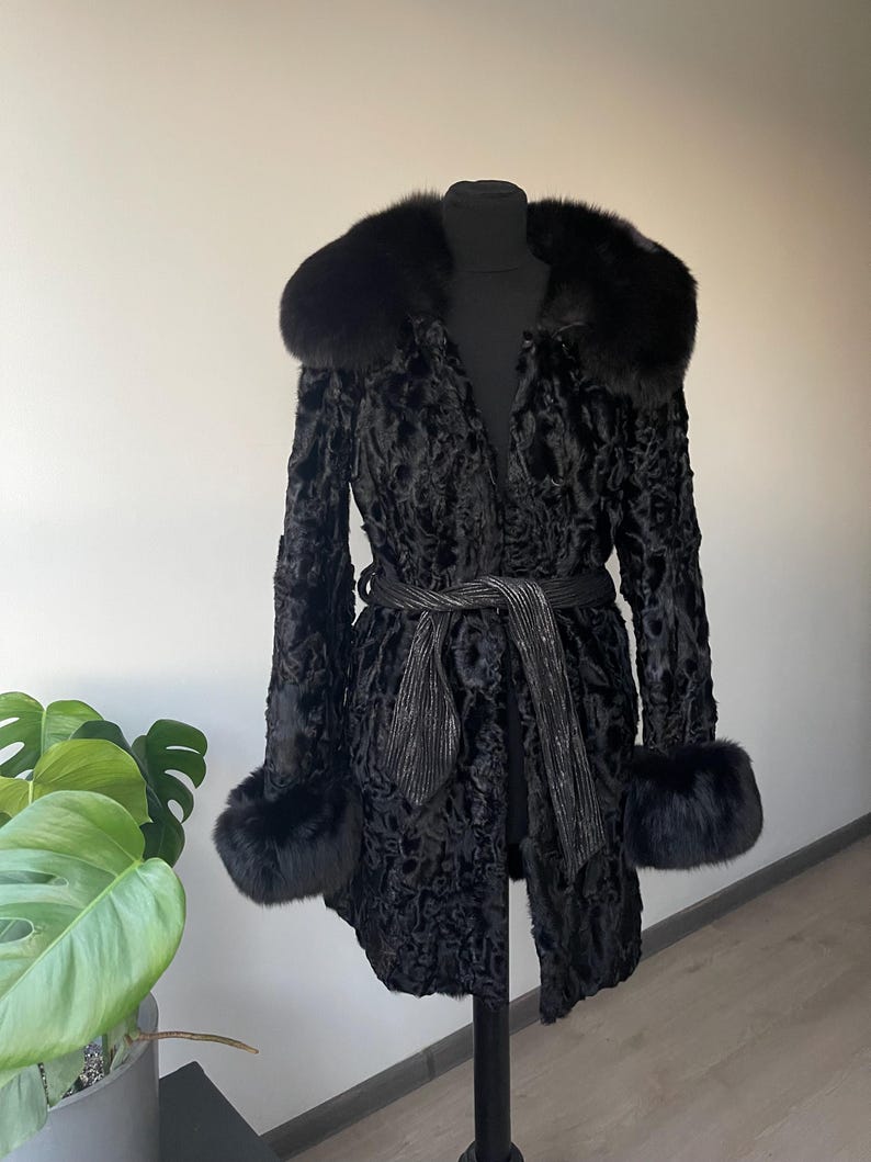 Vintage Karakul Lamb Fur Coat: Black Fox Collar, Handmade S-M - Etsy