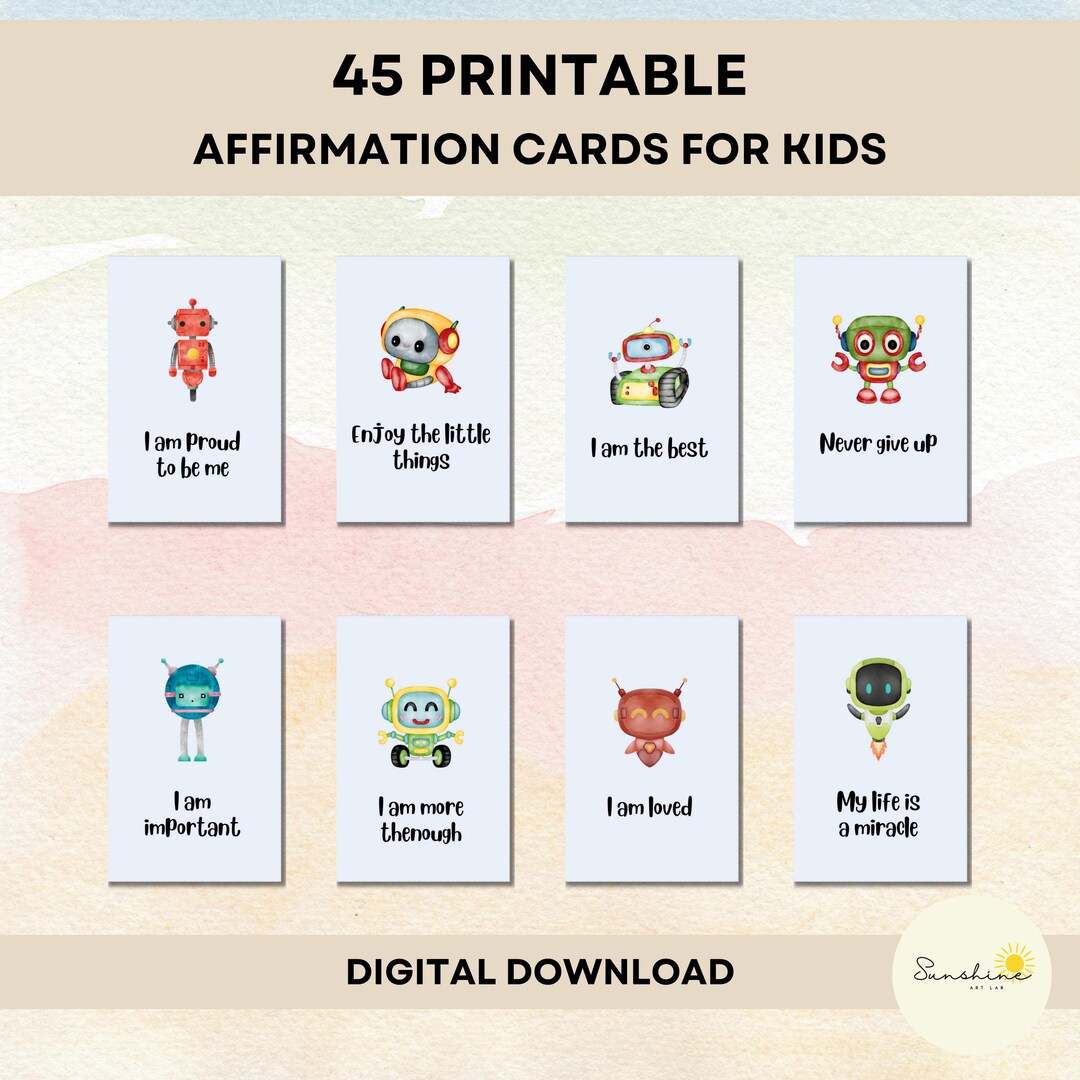 45 Printable Affirmation Cards Robot for Children, Positive ...