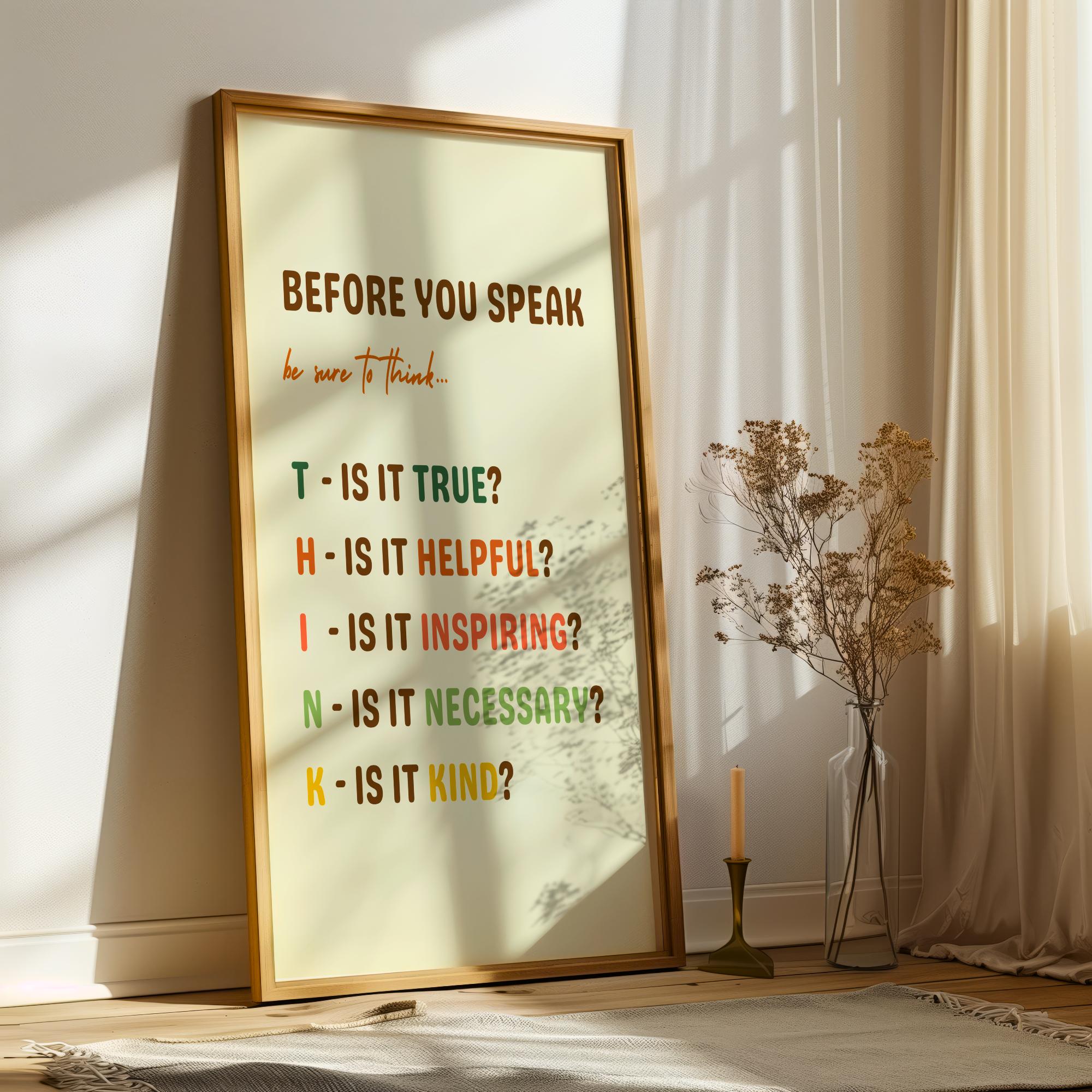 Think Before You Speak Poster, Affirmational Poster, Boho Decorations ...