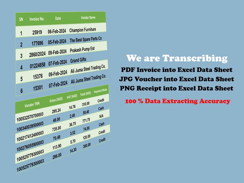 Transcribe 50 Invoices ( Voucher-receipt ) PDF-JPG to Excel Data Sheet ...