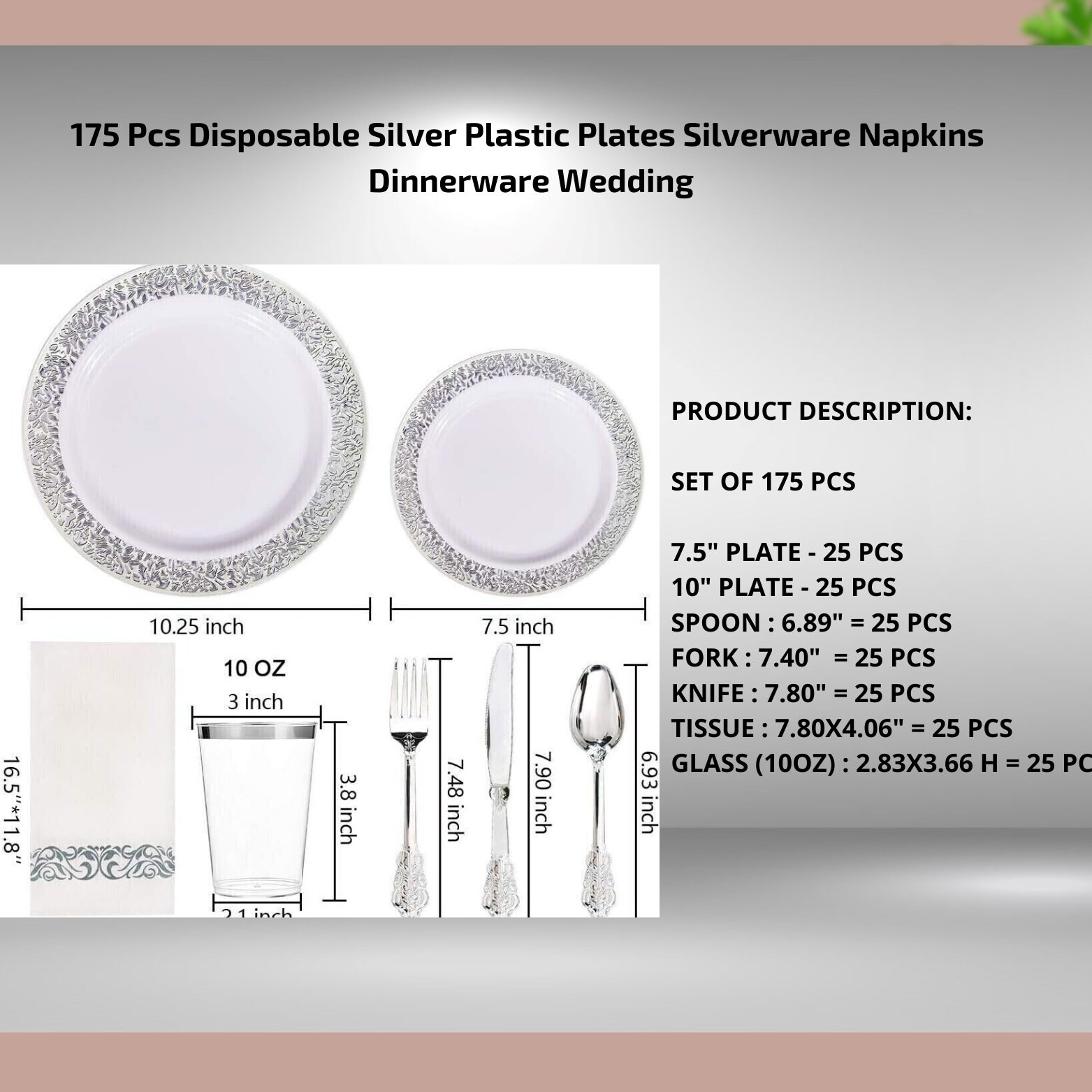 175 Pcs Silver Disposable Plates Tableware Dinner Set-50 Rose Gold Lace ...