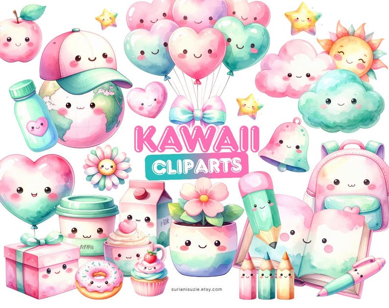 Pastel Kawaii Clipart Bundle: Watercolor Planner Graphics (digital ...