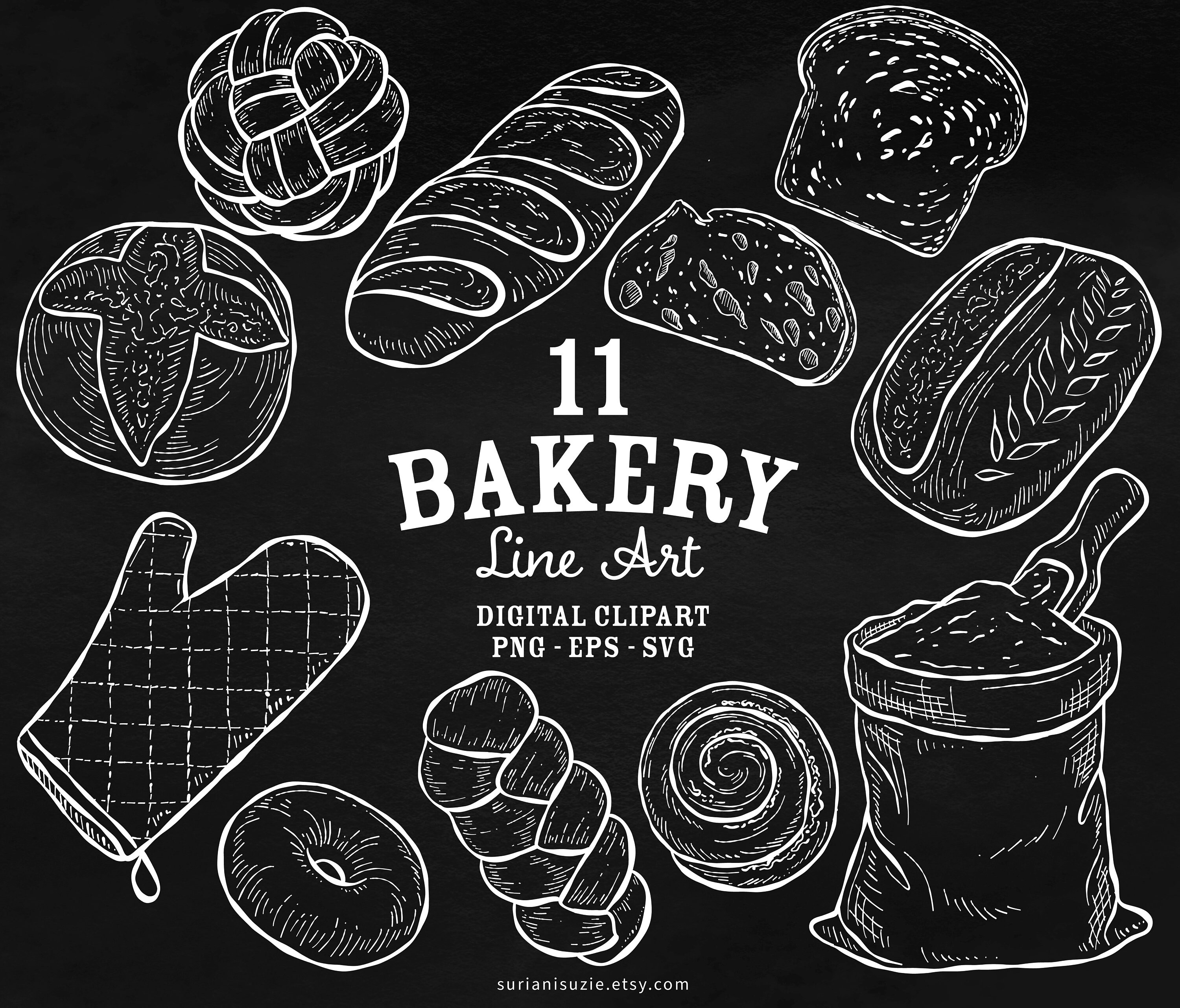 Bakery Line Art Clipart: Hand-drawn Bread Graphics (PNG, SVG, EPS) - Etsy