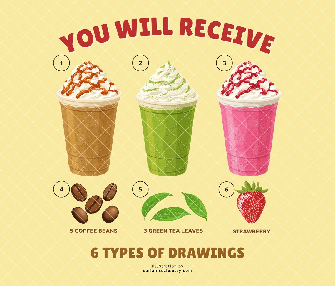 Iced Frappe Digital Illustration | Strawberry, Green Tea, Coffee ...