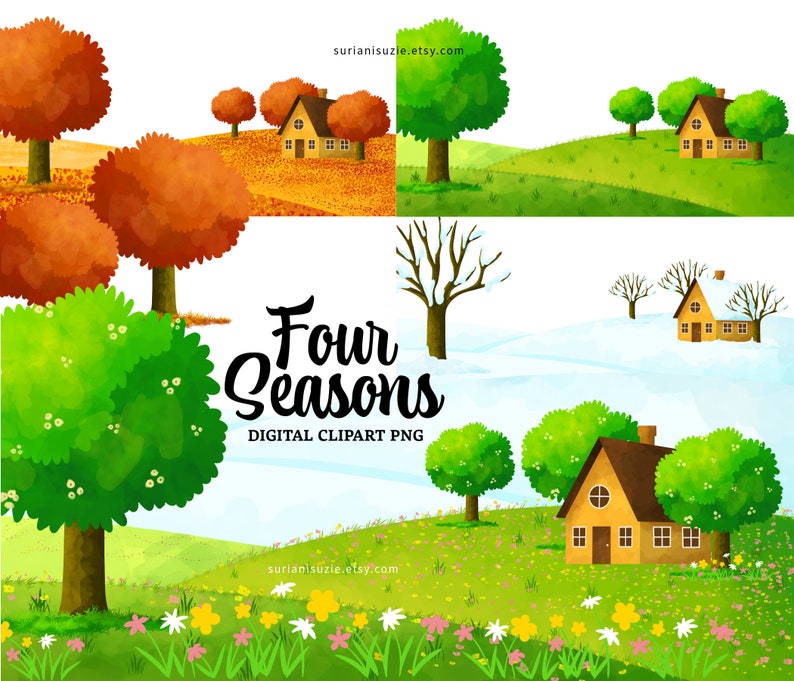Watercolor Four Seasons Clipart: Hand Drawn PNG Graphics (digital ...