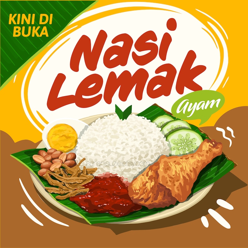 Malaysian Food Nasi Lemak Daun Pisang, EPS, PNG, Digital Download, Hand ...