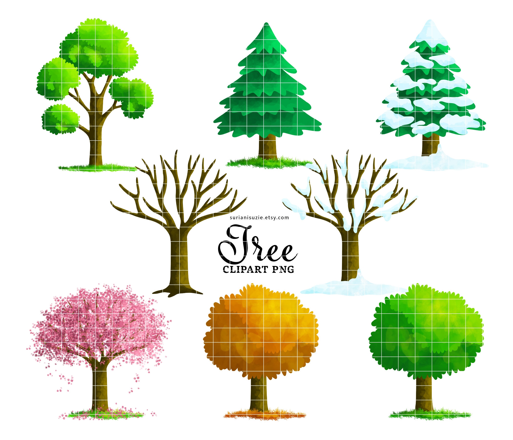 Watercolor Trees Clipart PNG, 4 Seasons, Winter, Fall, Spring, Summer ...
