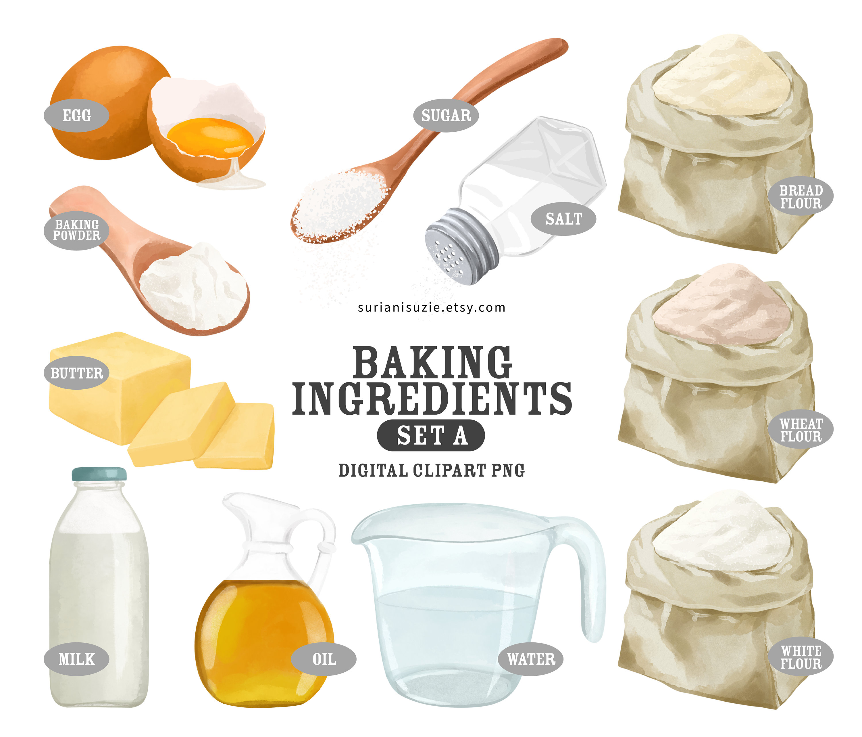 Baking Ingredients Set A, Digital Clipart PNG, Cooking Clip Art ...