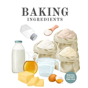 Baking Ingredients Clipart: Hand-drawn Kitchen Graphics (PNG Digital ...