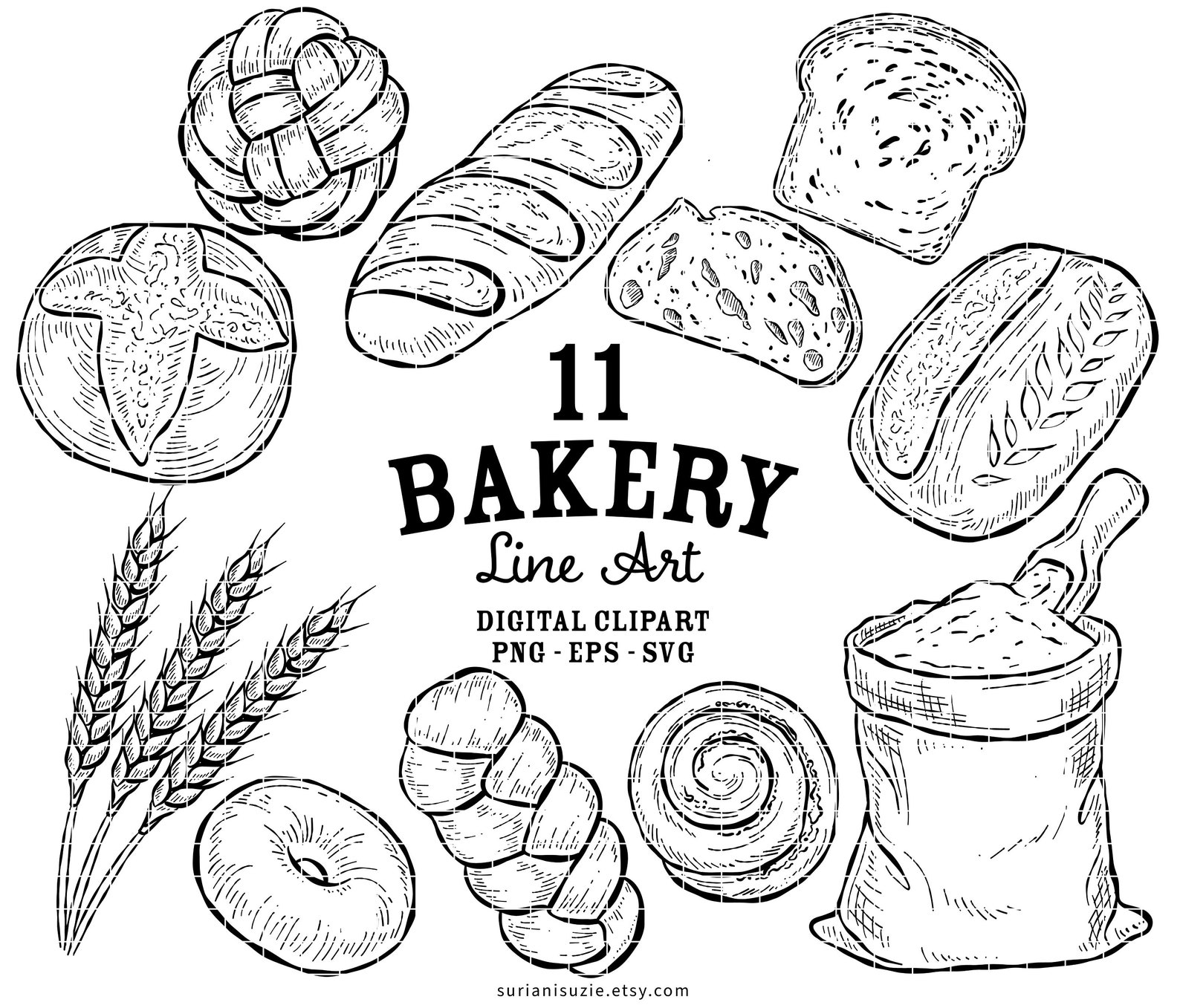 Bakery Line Art Clipart: Hand-drawn Bread Graphics (PNG, SVG, EPS) - Etsy