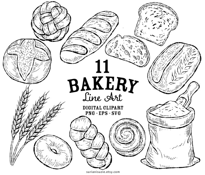 Bakery Line Art Clipart: Hand-drawn Bread Graphics (PNG, SVG, EPS) - Etsy