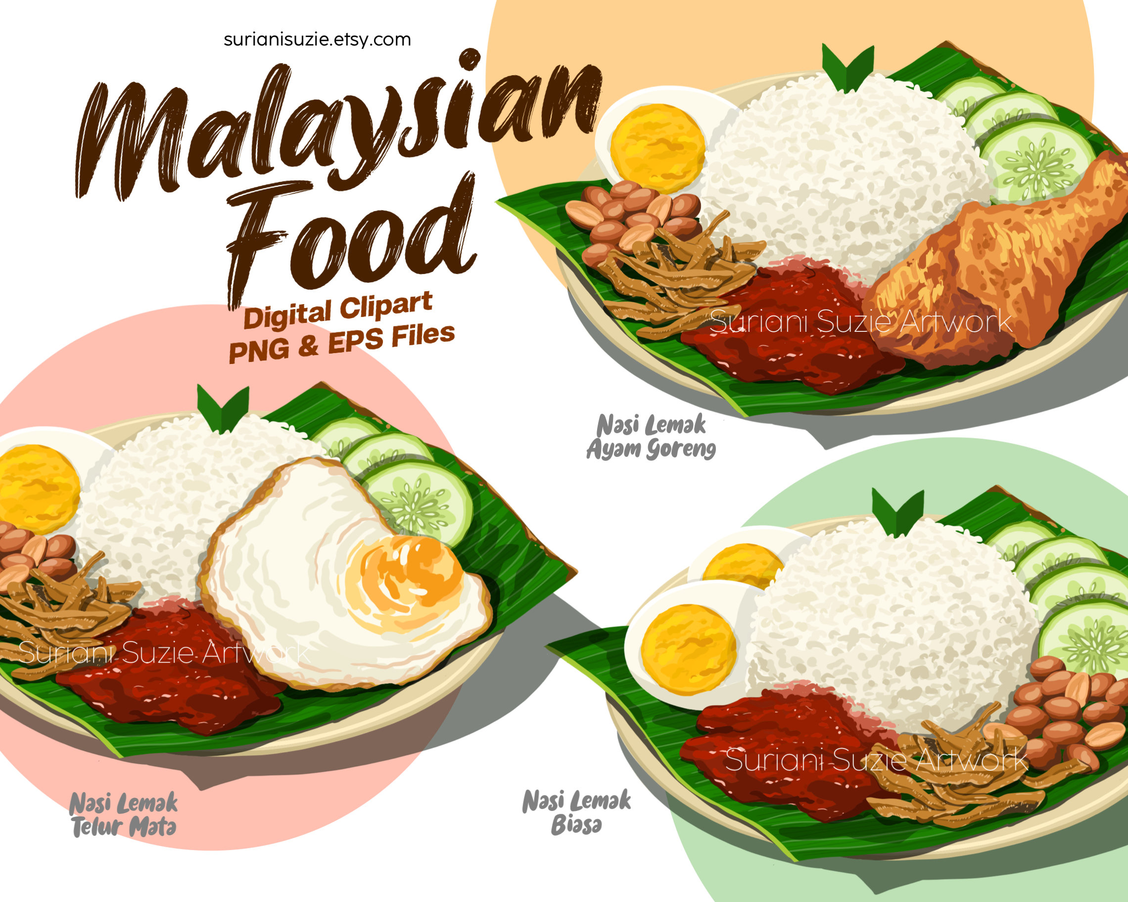 Malaysian Food Nasi Lemak Daun Pisang, EPS, PNG, Digital Download, Hand ...
