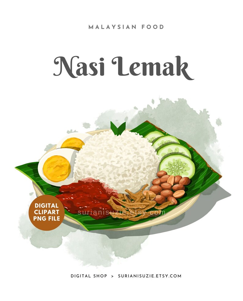 Malaysian Food Nasi Lemak Daun Pisang, EPS, PNG, Digital Download, Hand ...