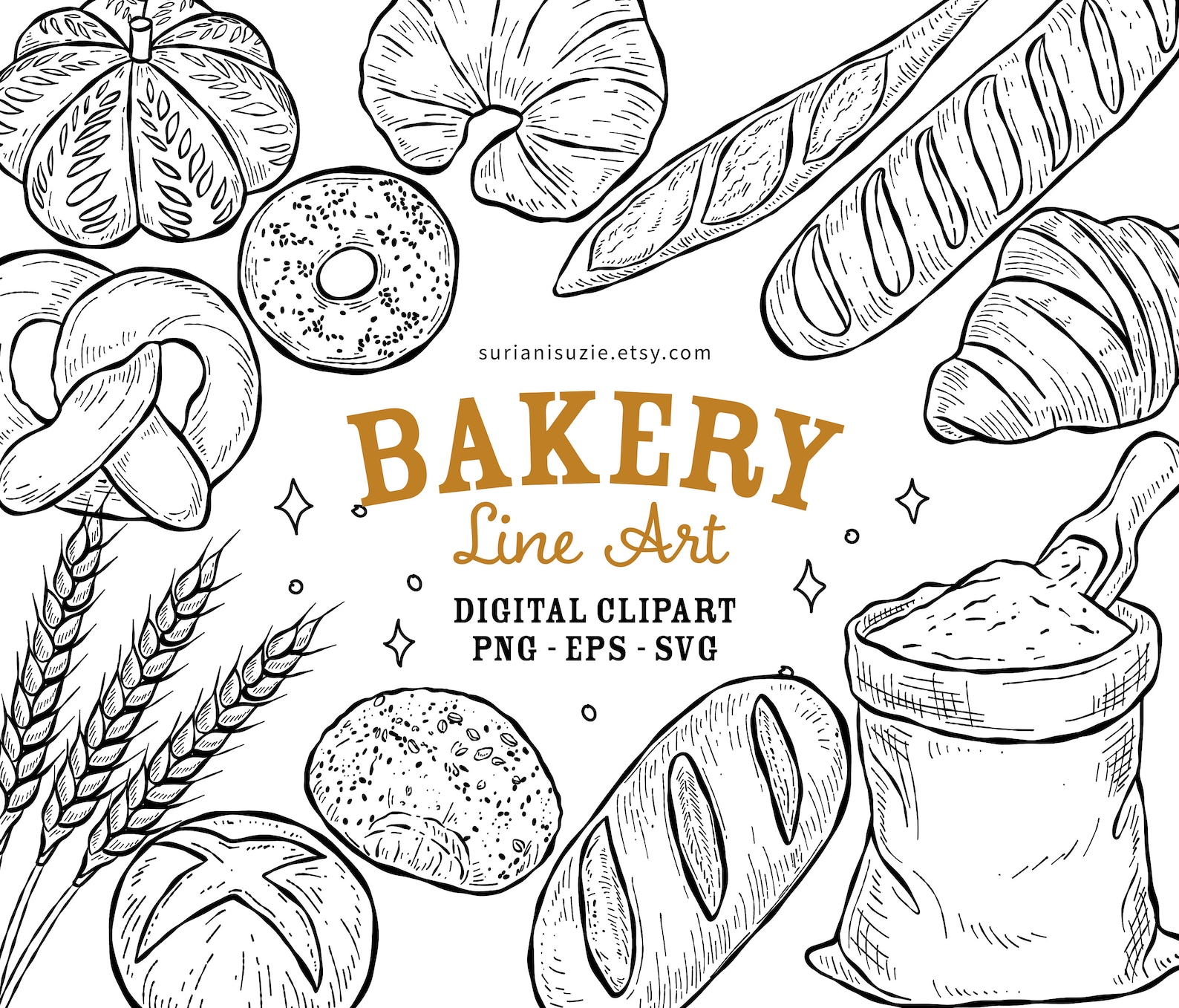 Bakery Line Art Clipart, PNG, SVG, EPS Vector Graphics Black and White ...