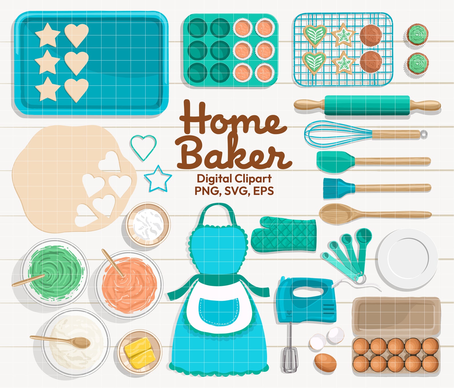 Blue & Turquoise Home Baker Clipart Set PNG SVG EPS Vector - Etsy
