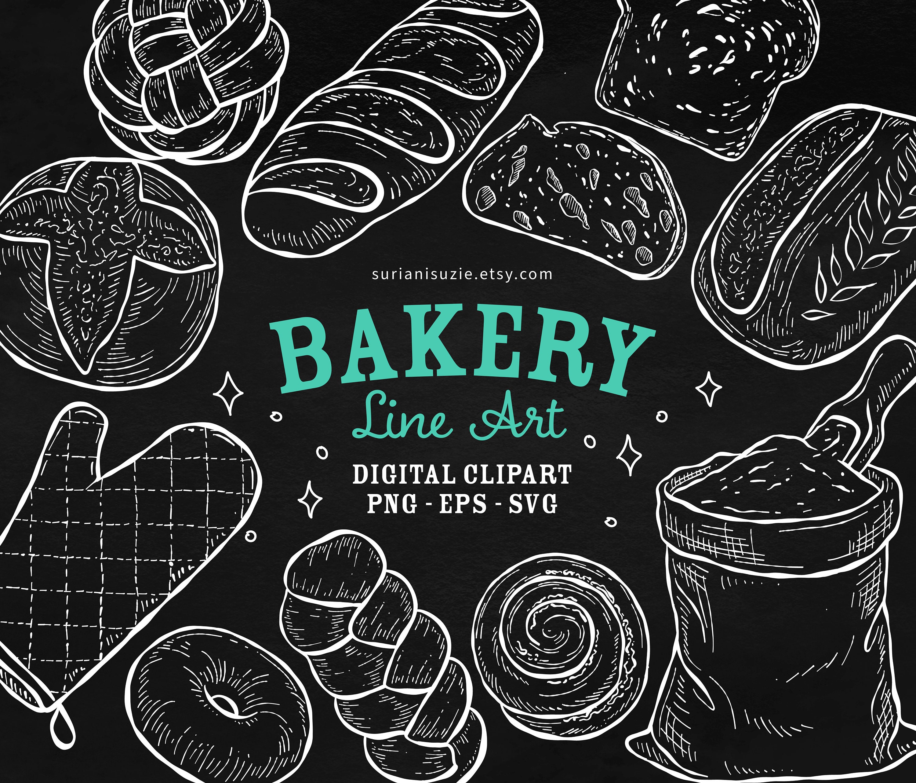 Bakery Line Art Clipart: Hand-drawn Bread Graphics (PNG, SVG, EPS) - Etsy