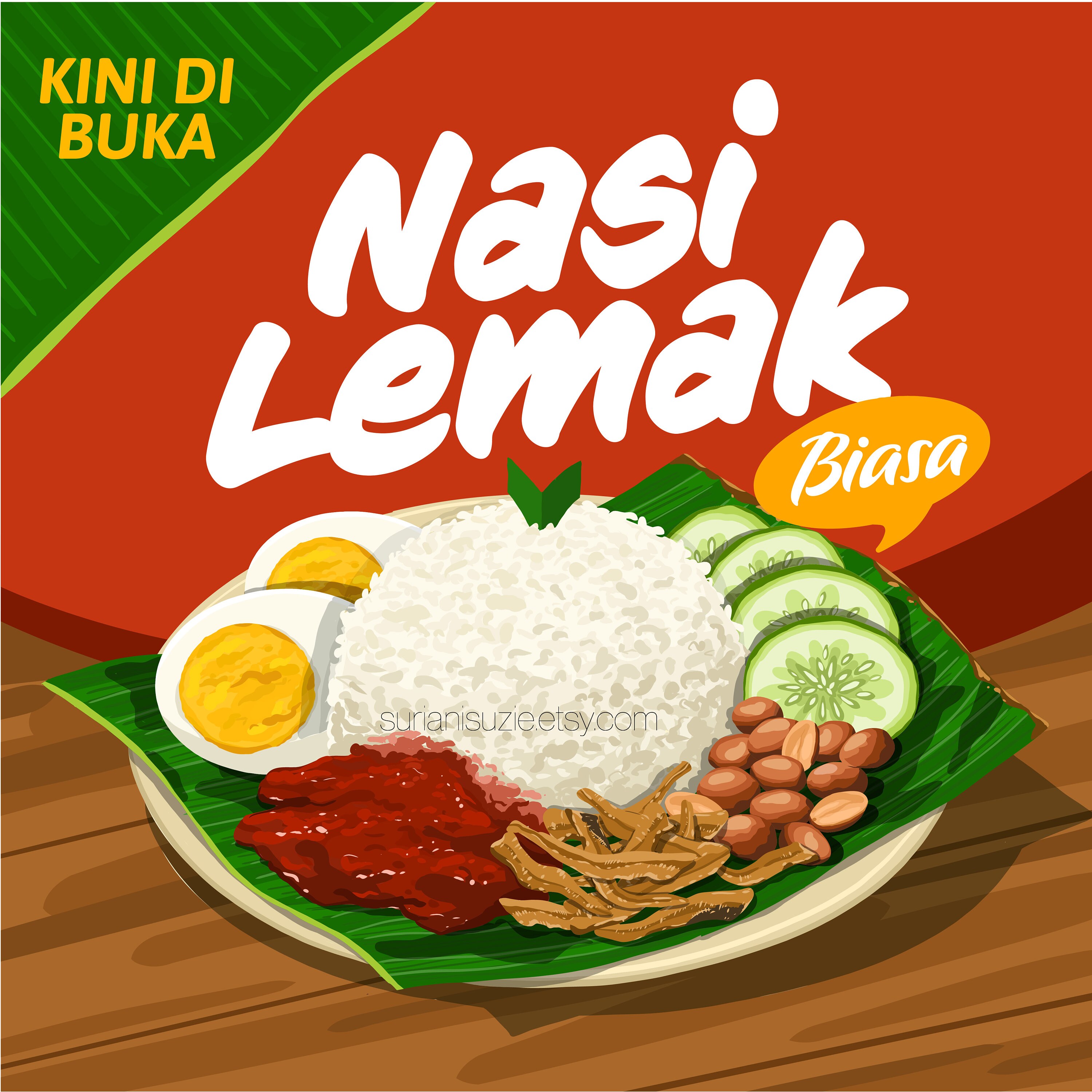Malaysian Food Nasi Lemak Daun Pisang, EPS, PNG, Digital Download, Hand ...