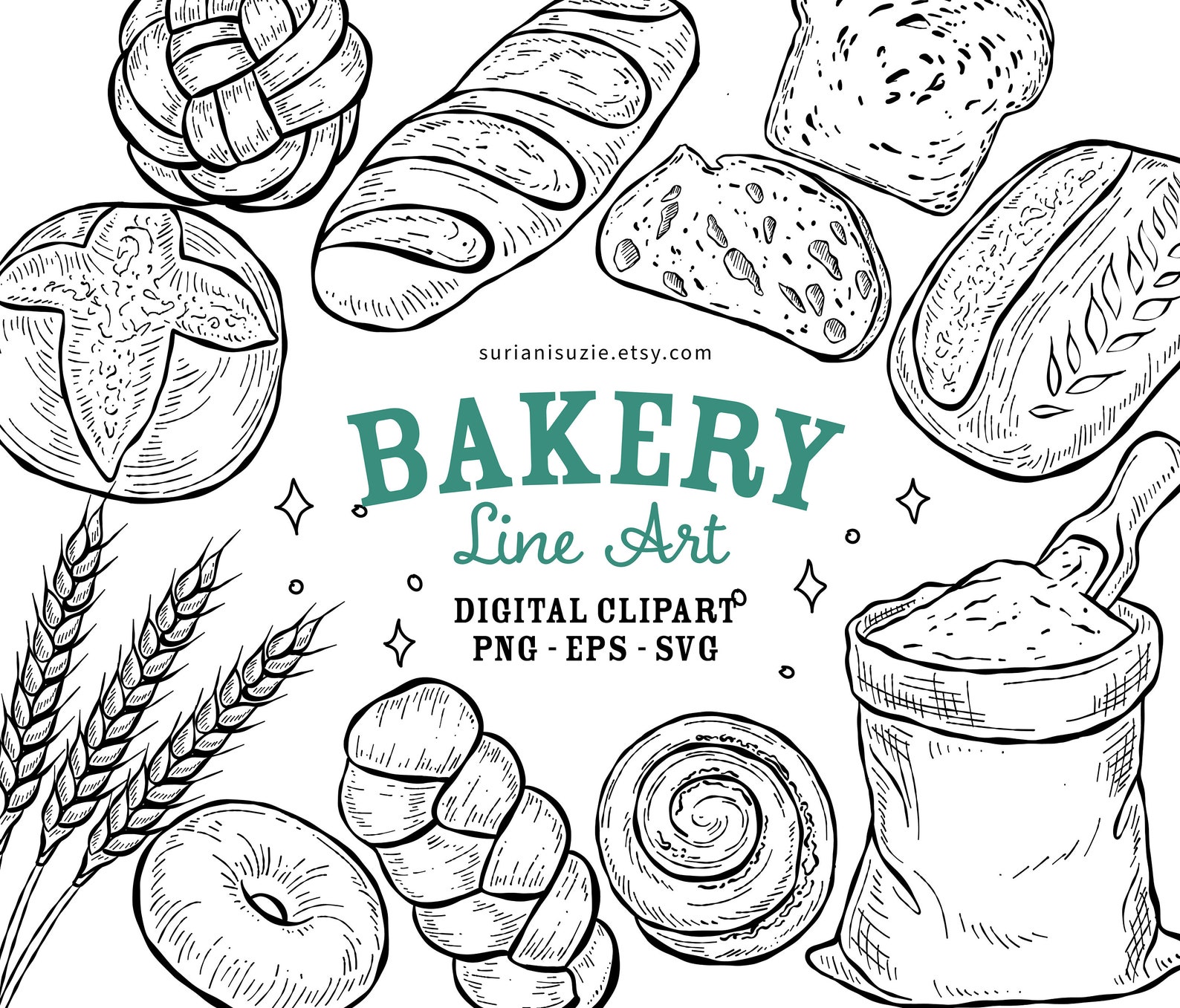 Imágenes prediseñadas de arte lineal de panadería: gráficos de pan ...