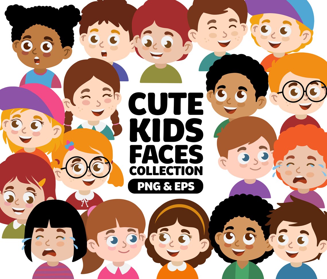 Cute Kids Faces Collection Digital Clipart PNG and EPS, Clip Art, Hand ...