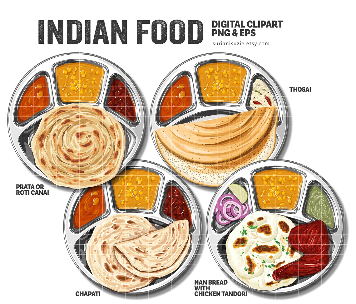 Indian Food Clipart, Chapati, Nan, Thosai, Prata, Roti Canai, EPS, PNG ...