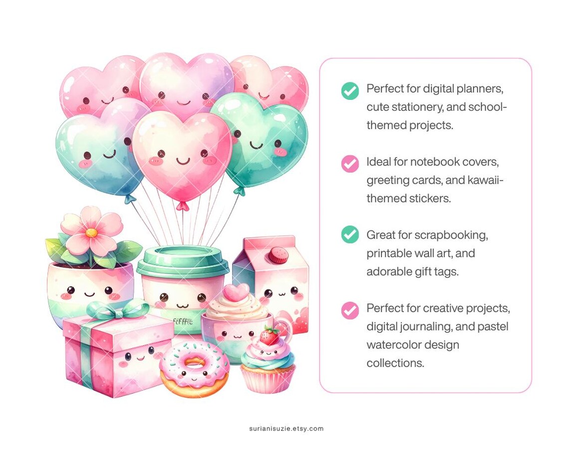 Pastel Kawaii Clipart Bundle: Watercolor Planner Graphics (digital ...