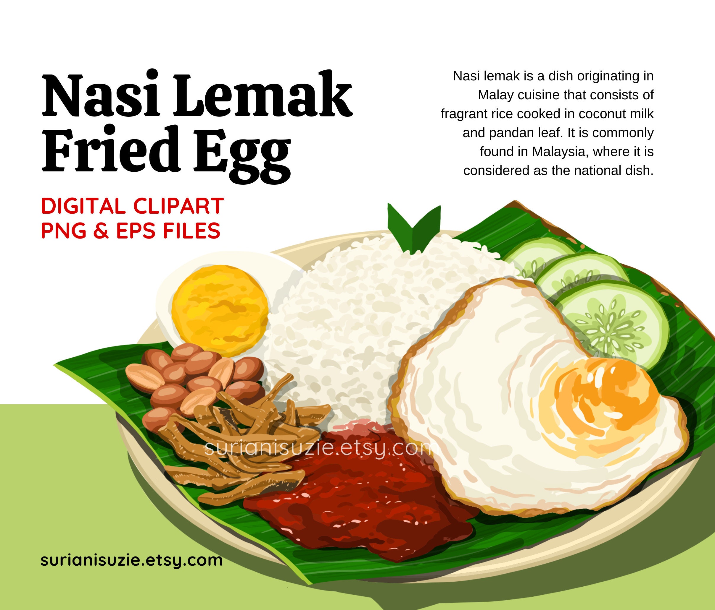 Malaysian Food Nasi Lemak Daun Pisang, EPS, PNG, Digital Download, Hand ...
