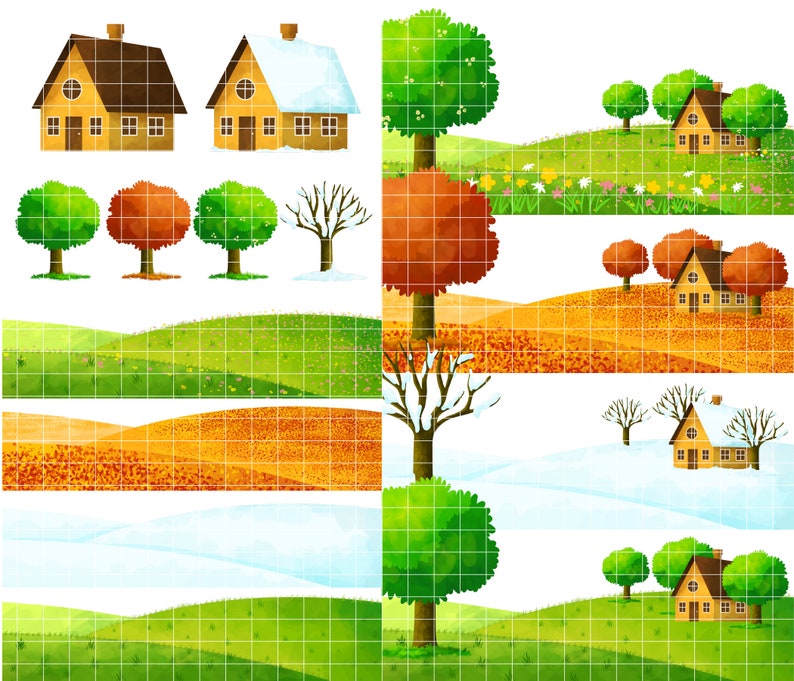 Watercolor Four Seasons Clipart: Hand Drawn PNG Graphics (digital ...