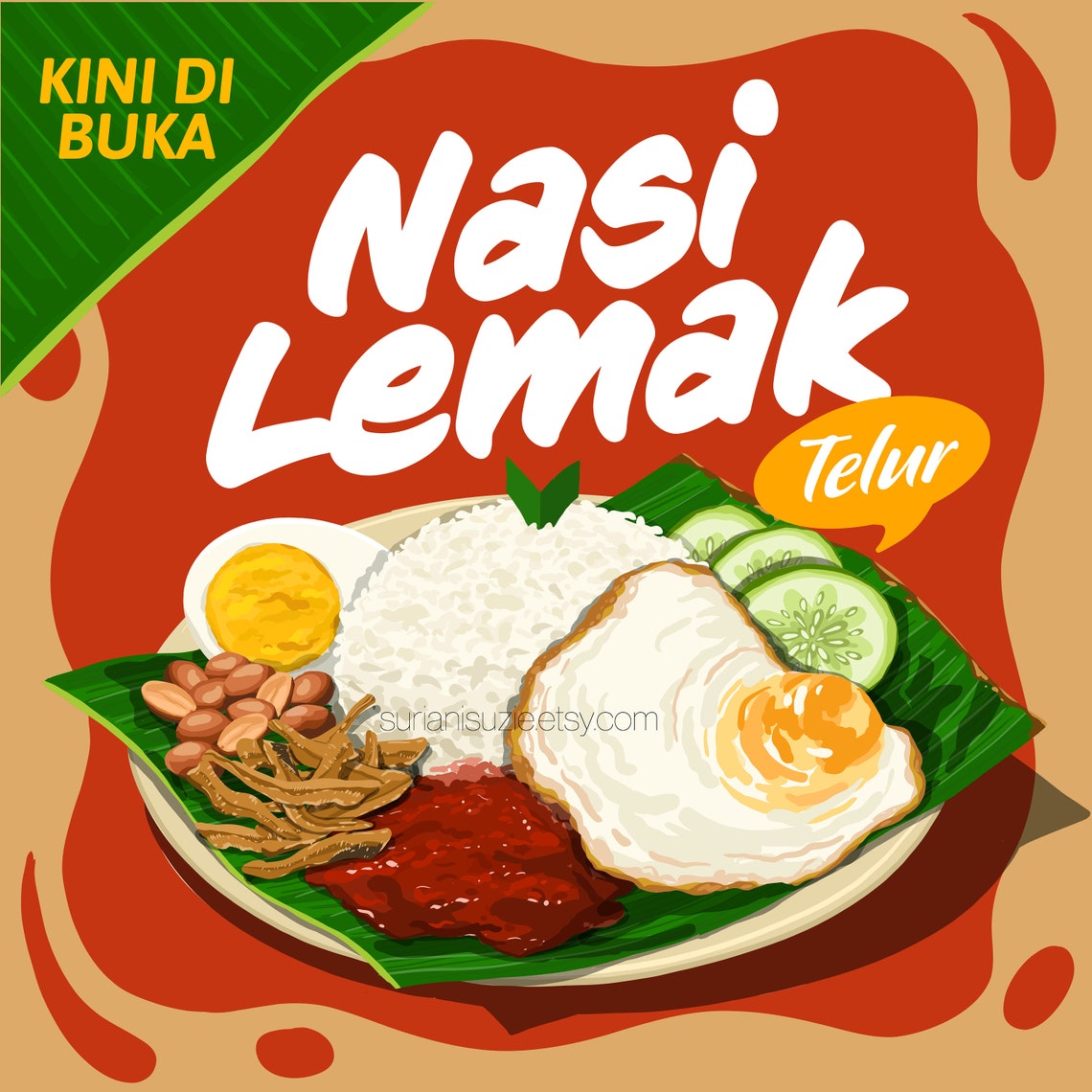 Malaysian Food Nasi Lemak Daun Pisang, EPS, PNG, Digital Download, Hand ...