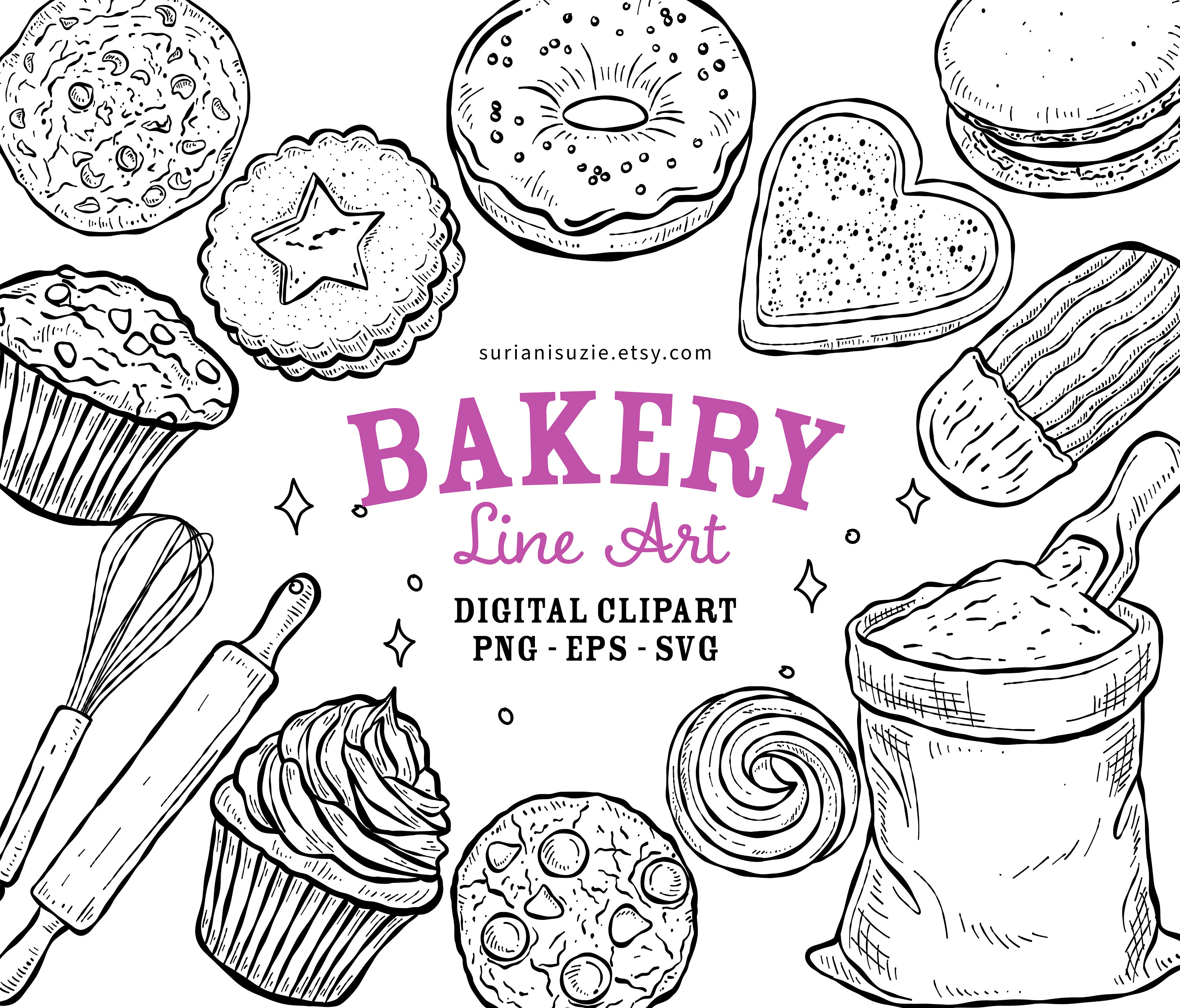Bakery Line Art Clipart, PNG, SVG, EPS Vector Graphics Black and White ...