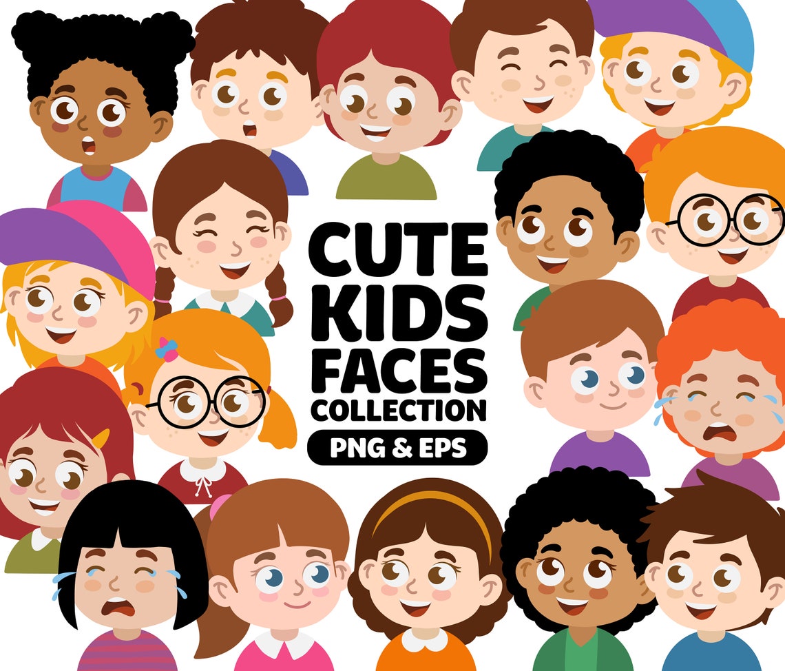 Cute Kids Faces Collection Digital Clipart PNG and EPS, Instant ...