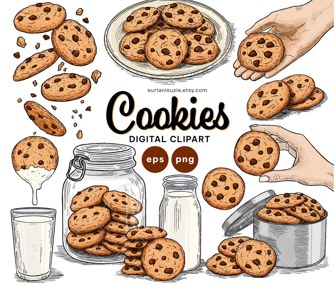 Chocolate Chip Cookies Clipart: Hand-drawn PNG & EPS Bundle (digital ...