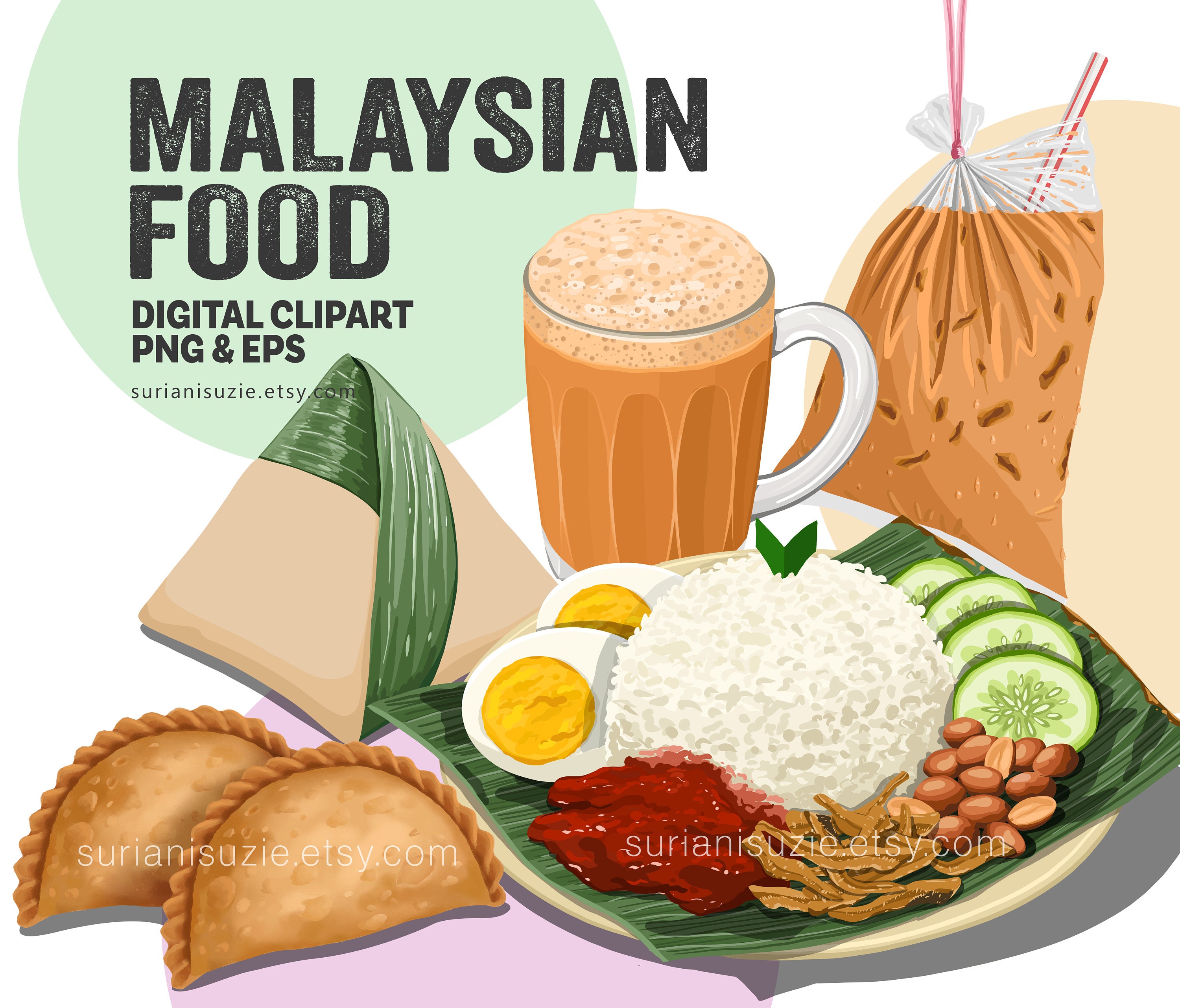 Malaysia Breakfast Clipart, Kuih Karipap, Nasi Lemak, Teh Ais Ikat Tepi ...