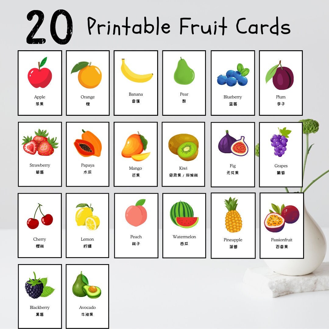 Chinese and English Bilingual Fruits Educational Flash Cards, 20 ...