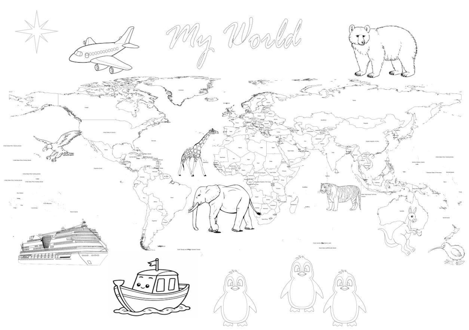 Printable Coloring Pages Colouring Map World Map With Animals World Map ...