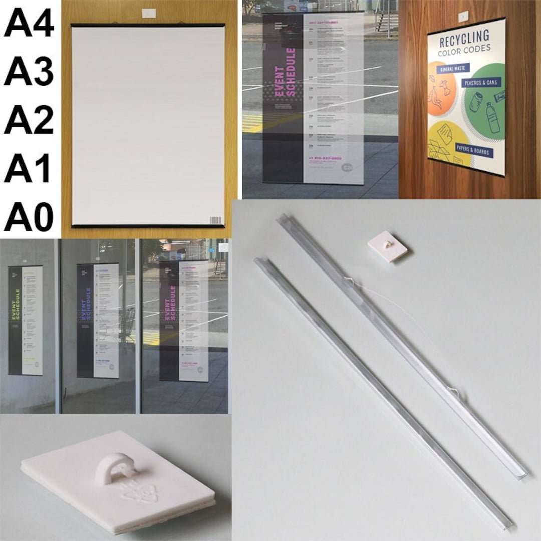 A0 A1 A2 A3 A4 Transparent Poster Hanger & Adhesive Hook Set clear ...