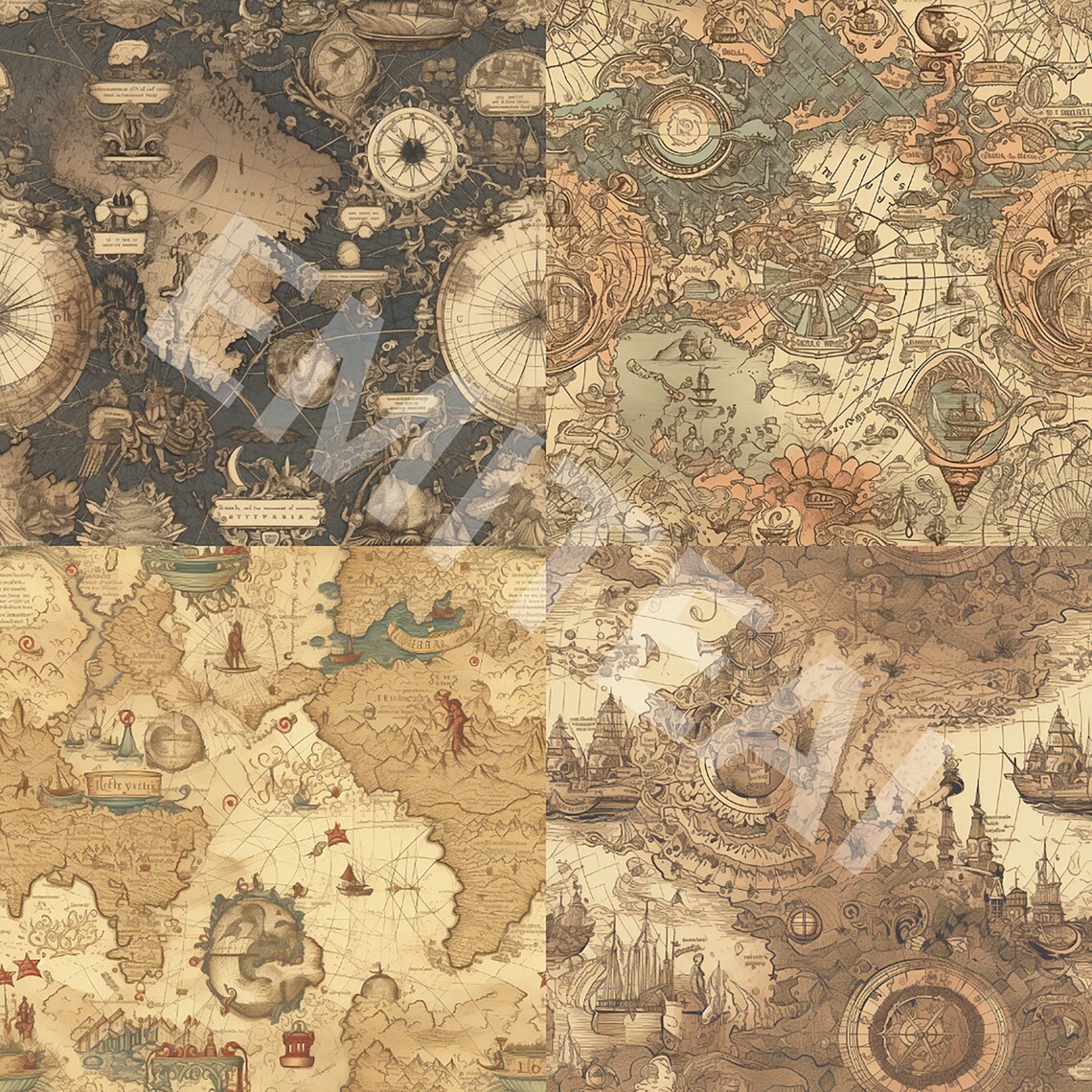 Vintage Map Digital Paper Pack, Seamless Backgrounds, PNG, Digital ...