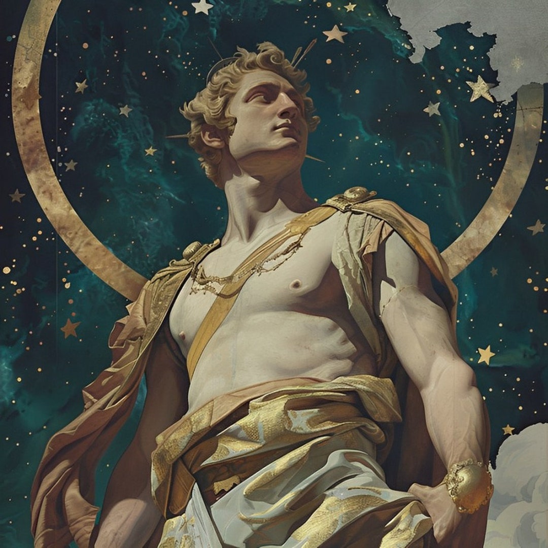 Mythical Apollo Greek God Digital Art Print, Celestial Fantasy Decor, Starry Night Sky, Classic ...
