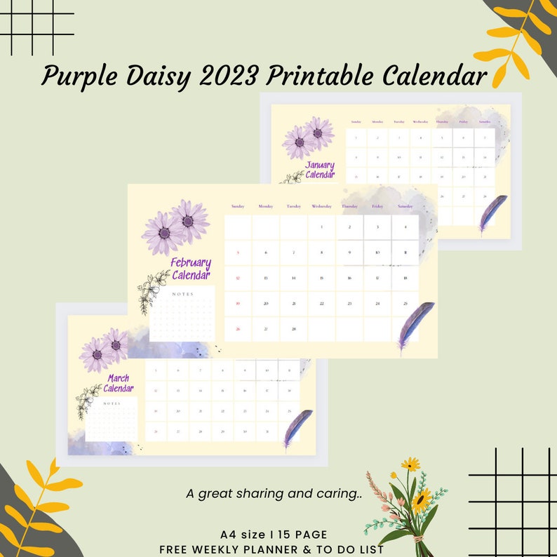 2023 Purple Daisy Calendar | Printable Landscape Horizontal Pages ...