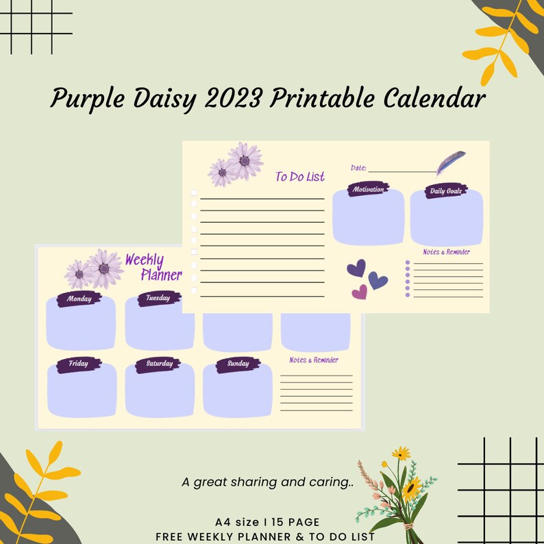 2023 Purple Daisy Calendar | Printable Landscape Horizontal Pages ...
