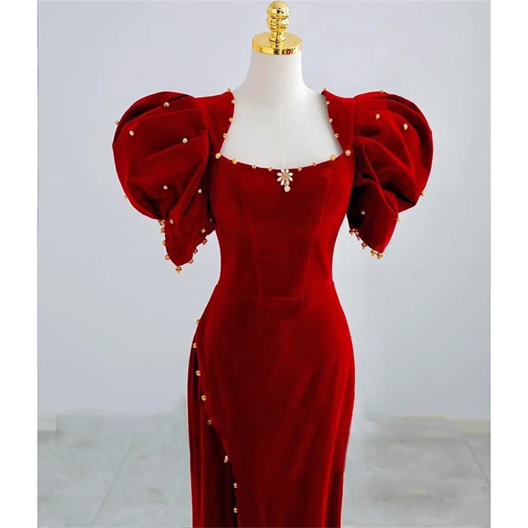 Vintage Red Velvet Formal Dress Square Neck Prom Dress Floor - Etsy